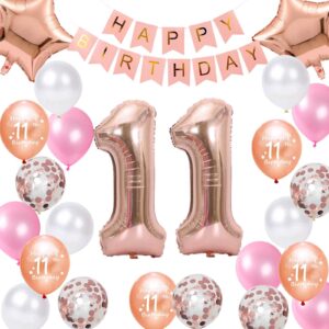 11th birthday party balloons decorations for girls, 11th birthday banner rose gold number 11 birthday foil balloons confetti balloons for girls her daughter 11 year old birthday supplies (11th)