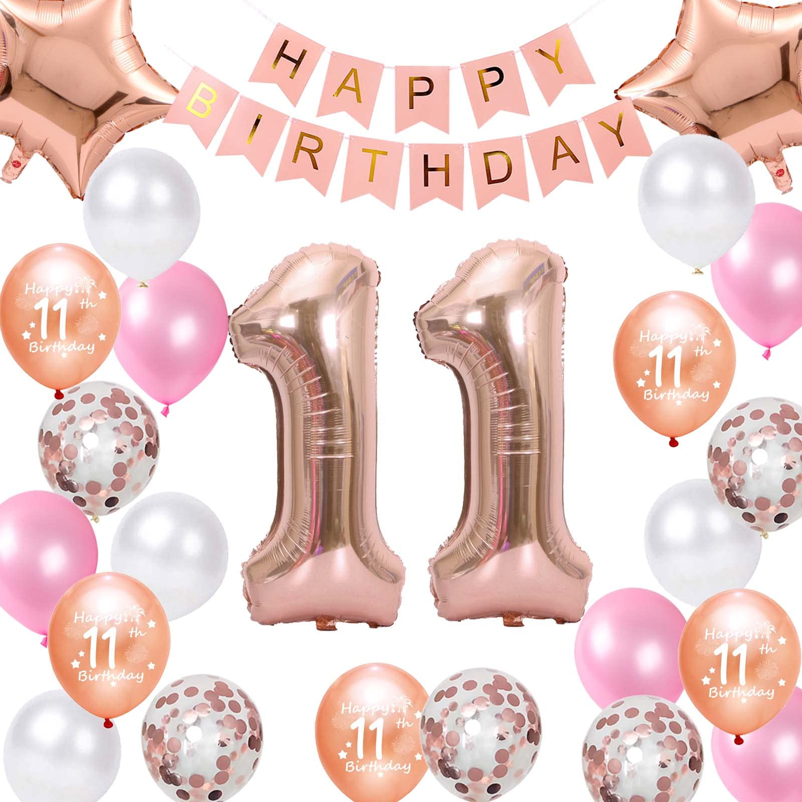 11th Birthday Party Balloons Decorations for Girls, 11th Birthday Banner Rose Gold Number 11 Birthday Foil Balloons Confetti Balloons for Girls Her Daughter 11 Year Old Birthday Supplies (11th)