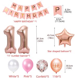 11th Birthday Party Balloons Decorations for Girls, 11th Birthday Banner Rose Gold Number 11 Birthday Foil Balloons Confetti Balloons for Girls Her Daughter 11 Year Old Birthday Supplies (11th)