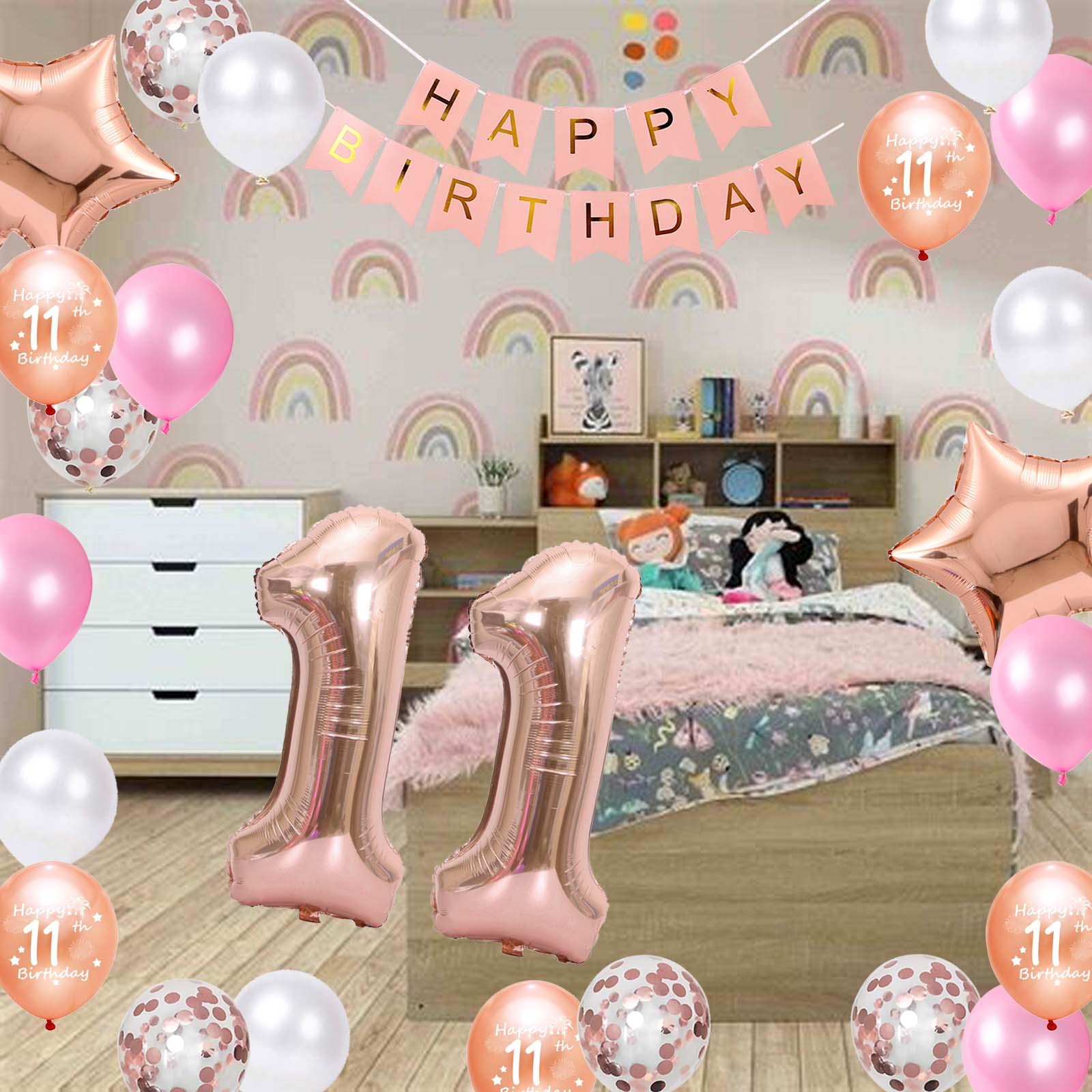 11th Birthday Party Balloons Decorations for Girls, 11th Birthday Banner Rose Gold Number 11 Birthday Foil Balloons Confetti Balloons for Girls Her Daughter 11 Year Old Birthday Supplies (11th)