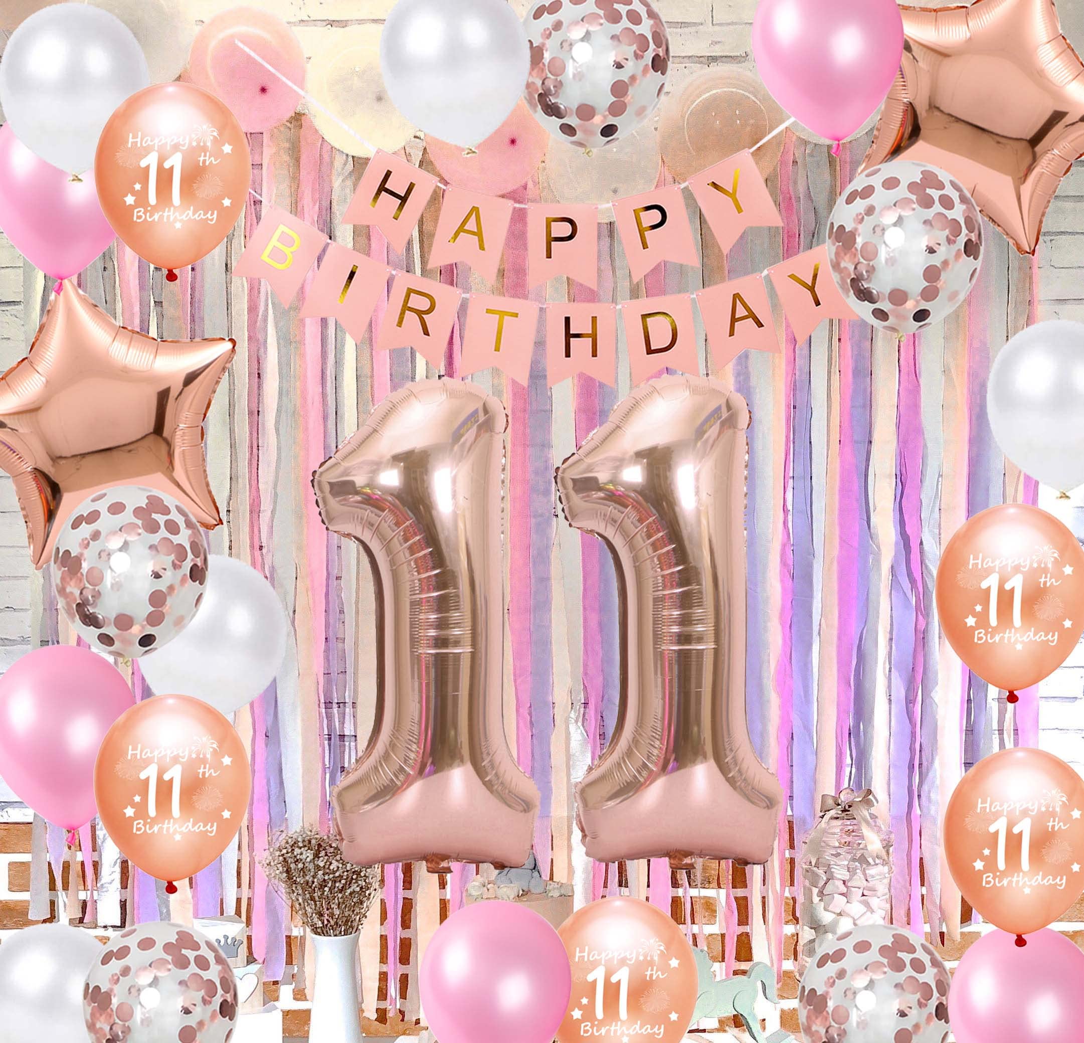 11th Birthday Party Balloons Decorations for Girls, 11th Birthday Banner Rose Gold Number 11 Birthday Foil Balloons Confetti Balloons for Girls Her Daughter 11 Year Old Birthday Supplies (11th)