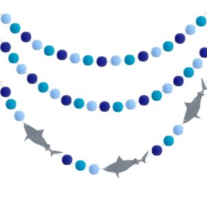 3 pieces shark pompom ball garlands ocean theme banner shark garlands decoration blue felt ball shark hanging garlands for birthday wedding ocean beach sea themed party decoration supplies