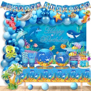 hombae under the sea party decorations, ocean themed birthday tableware supplies backdrop balloon garland banner tablecloth cake topper plate napkin cup straw knife spoon fork shark octopus 228 pcs