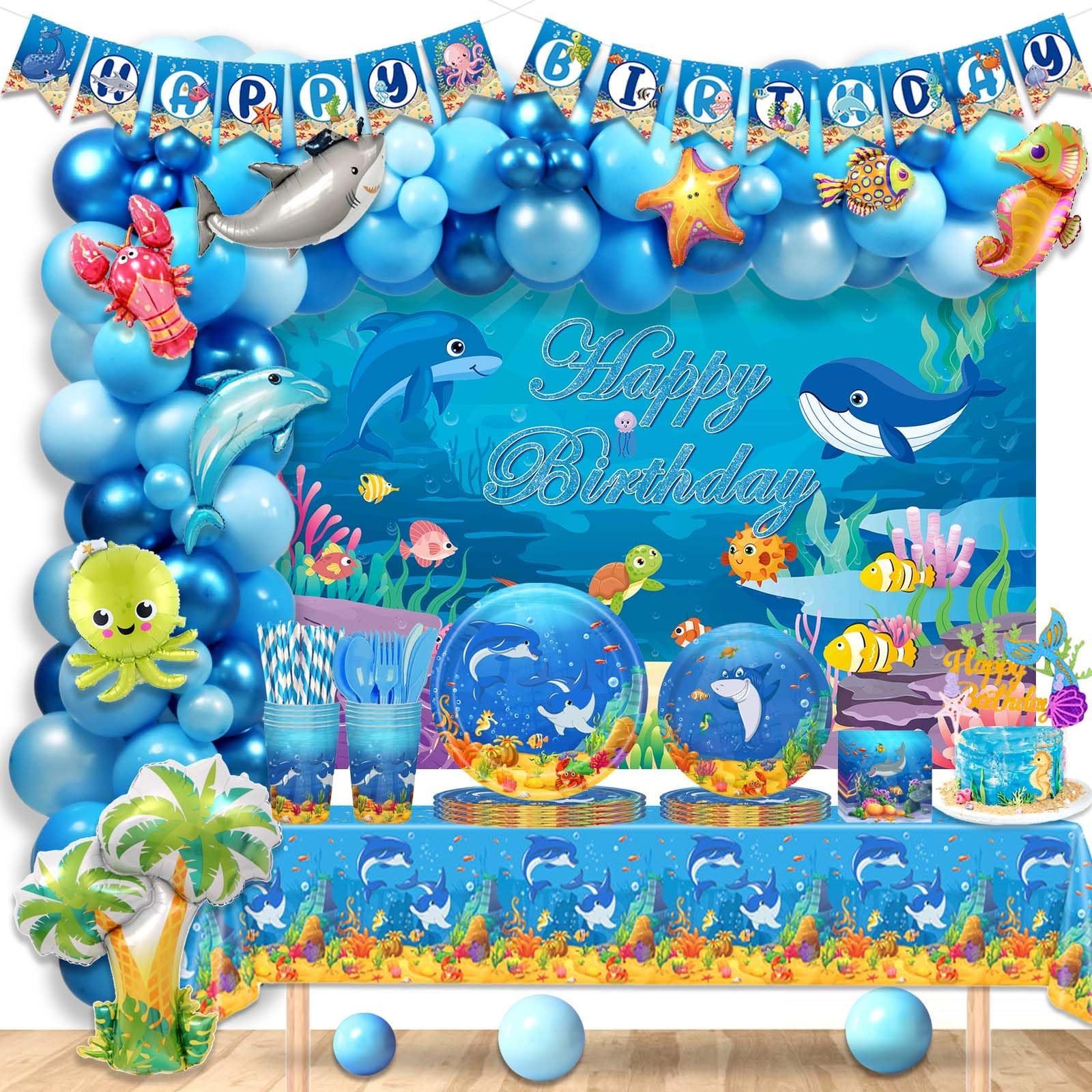 Hombae Under The Sea Party Decorations, Ocean Themed Birthday Tableware Supplies Backdrop Balloon Garland Banner Tablecloth Cake Topper Plate Napkin Cup Straw Knife Spoon Fork Shark Octopus 228 PCs