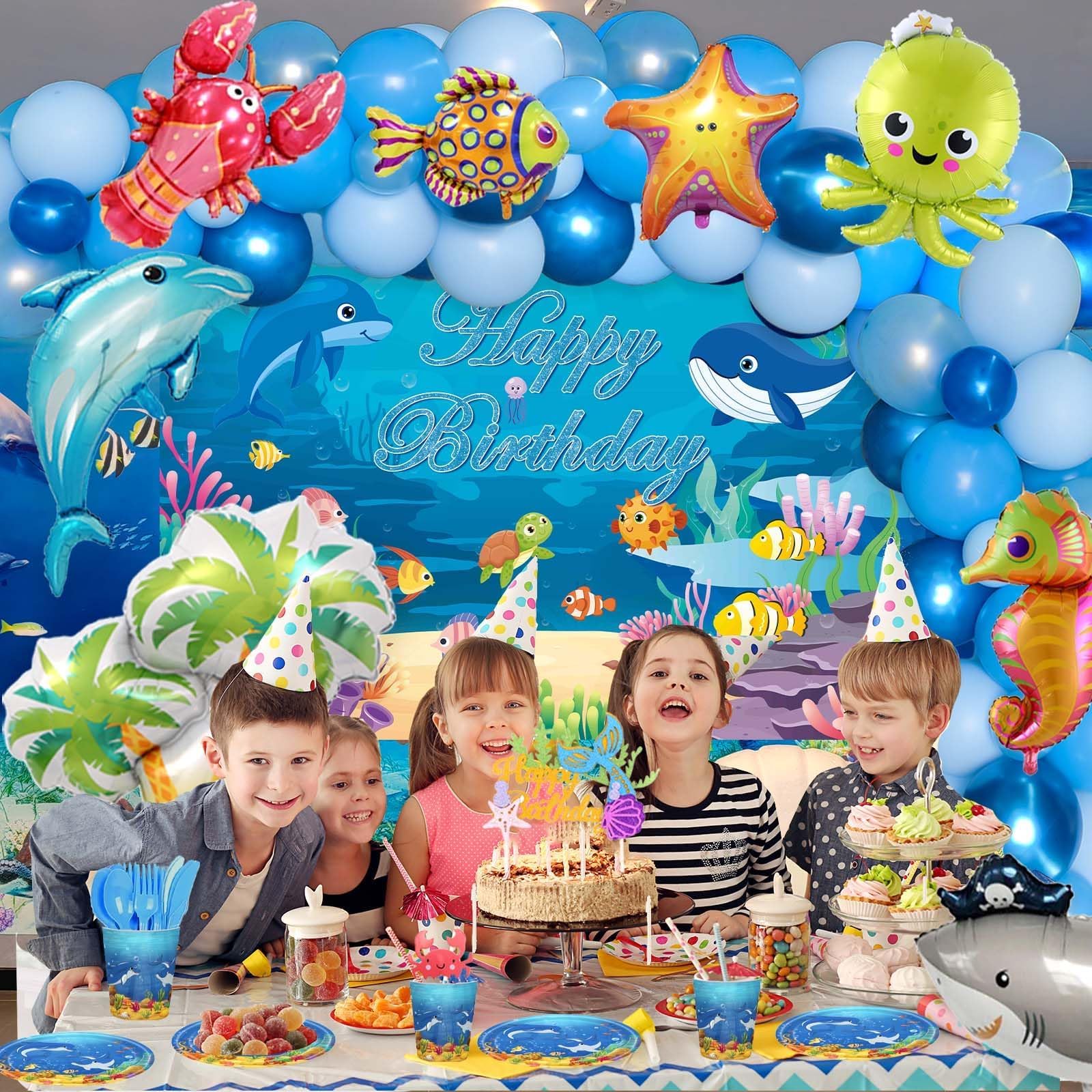 Hombae Under The Sea Party Decorations, Ocean Themed Birthday Tableware Supplies Backdrop Balloon Garland Banner Tablecloth Cake Topper Plate Napkin Cup Straw Knife Spoon Fork Shark Octopus 228 PCs