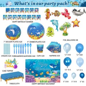 Hombae Under The Sea Party Decorations, Ocean Themed Birthday Tableware Supplies Backdrop Balloon Garland Banner Tablecloth Cake Topper Plate Napkin Cup Straw Knife Spoon Fork Shark Octopus 228 PCs