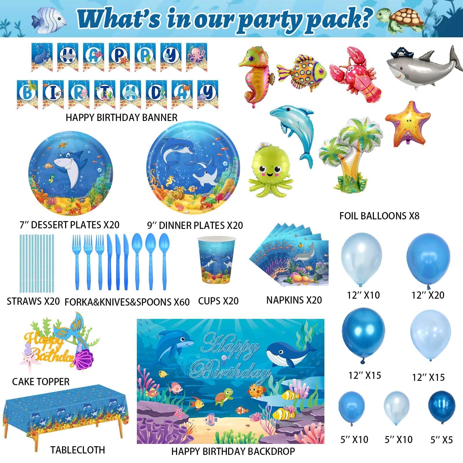 Hombae Under The Sea Party Decorations, Ocean Themed Birthday Tableware Supplies Backdrop Balloon Garland Banner Tablecloth Cake Topper Plate Napkin Cup Straw Knife Spoon Fork Shark Octopus 228 PCs