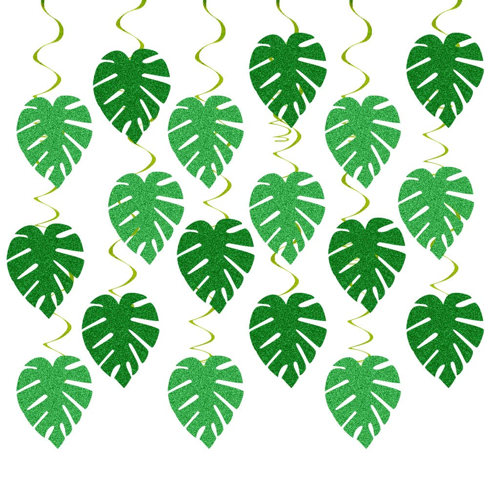 32Pcs Hawaiian Luau Party Decorations Palm Leaves Hanging Swirl,Tropical Safari Jungle Glitter Green Palm Leaves Decorations for Summer Beach Party Baby Shower Ceiling Hanging Foil Swirls