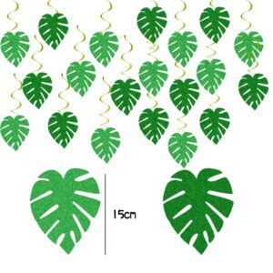 32Pcs Hawaiian Luau Party Decorations Palm Leaves Hanging Swirl,Tropical Safari Jungle Glitter Green Palm Leaves Decorations for Summer Beach Party Baby Shower Ceiling Hanging Foil Swirls