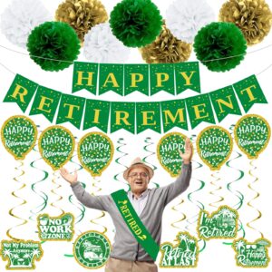 retirement decorations green gold beach theme happy retirement party decorations men women happy retirement banner gifts, retirement decor double-sided pattern card, pompoms hanging swirl retired sash