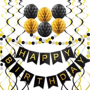 black birthday decorations, happy birthday banner, paper pom poms, circle garland and hanging swirl birthday decorations, black and gold birthday decorations