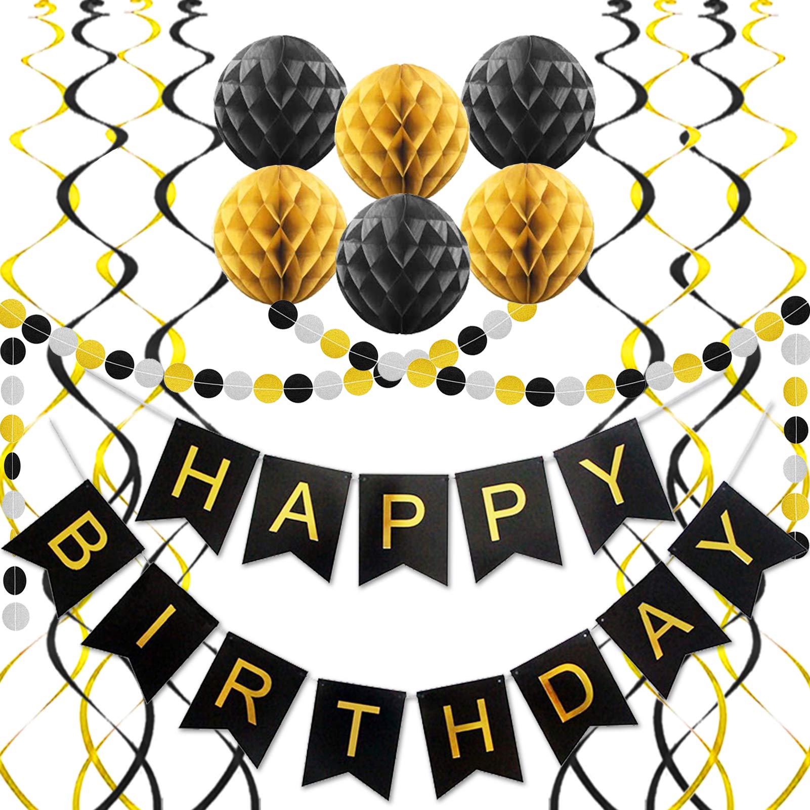 Black Birthday Decorations, Happy Birthday Banner, Paper Pom Poms, Circle Garland and Hanging Swirl Birthday Decorations, Black and Gold Birthday Decorations