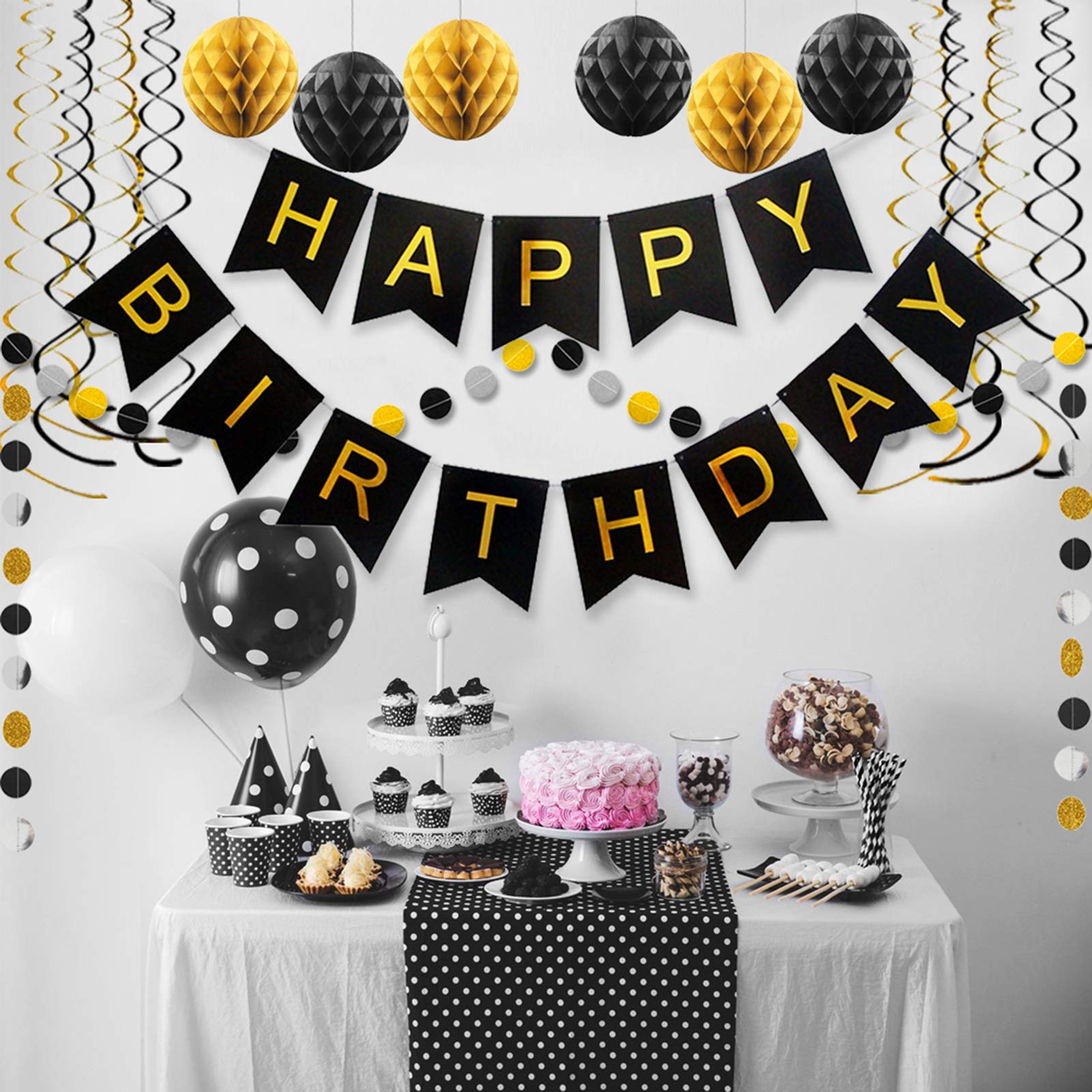 Black Birthday Decorations, Happy Birthday Banner, Paper Pom Poms, Circle Garland and Hanging Swirl Birthday Decorations, Black and Gold Birthday Decorations