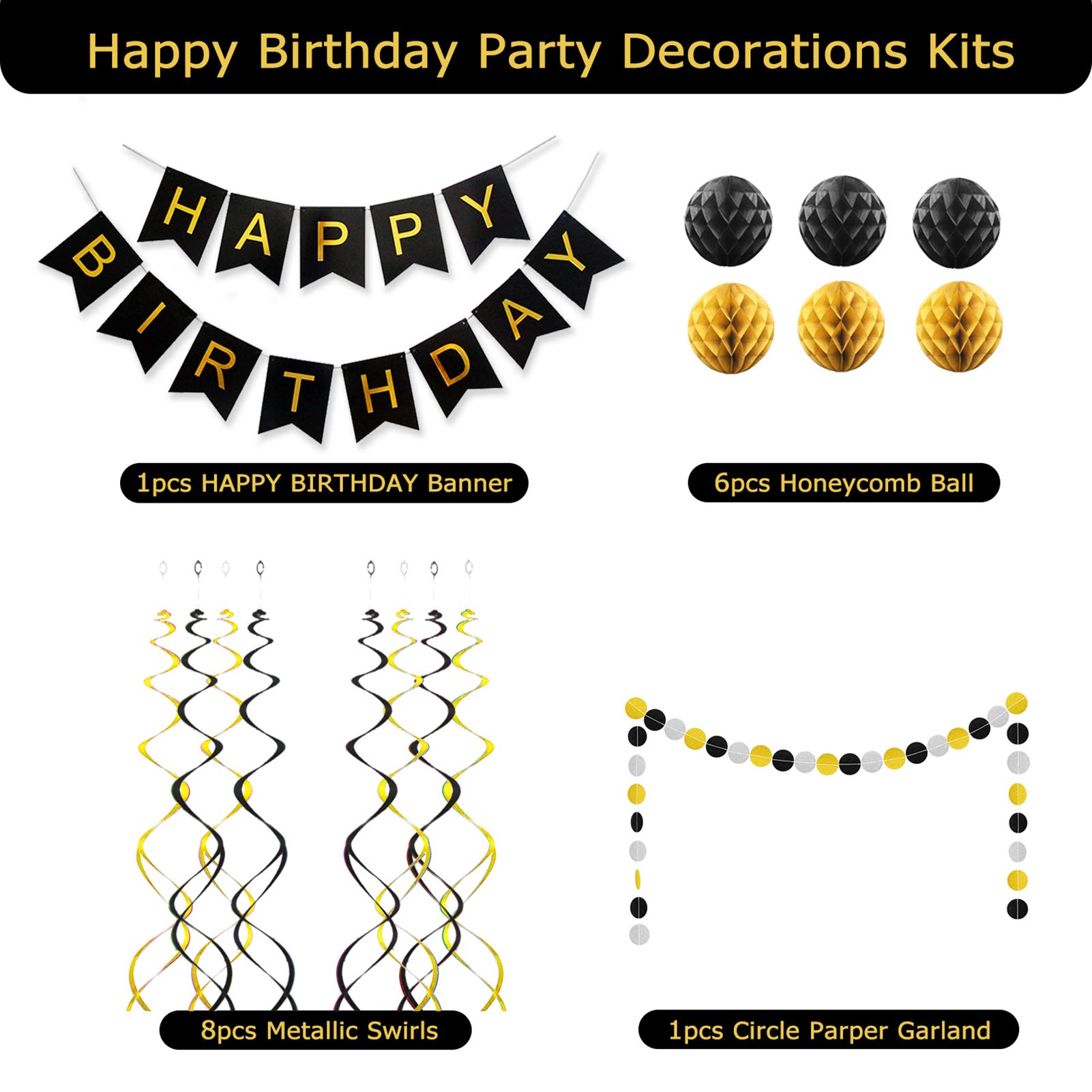 Black Birthday Decorations, Happy Birthday Banner, Paper Pom Poms, Circle Garland and Hanging Swirl Birthday Decorations, Black and Gold Birthday Decorations