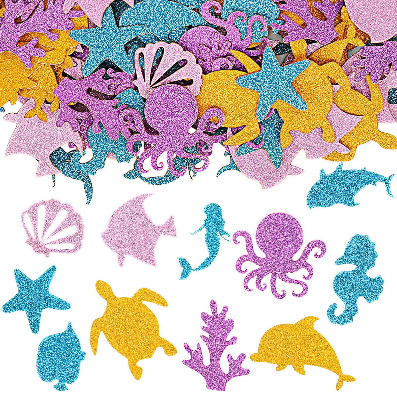 Whaline 300Pcs Sea Theme Confetti Sea Animal Table Confetti Glitter Starfish Turtle Dolphin Seagrass Table Decorations for Birthday Party Scatter Beach Theme Party Wedding Decorations DIY Crafts