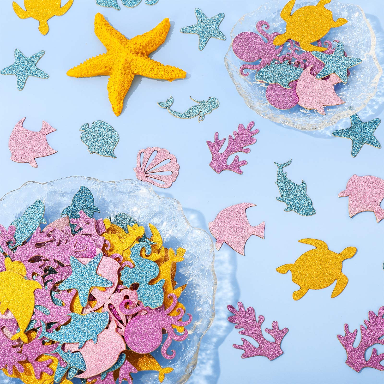 Whaline 300Pcs Sea Theme Confetti Sea Animal Table Confetti Glitter Starfish Turtle Dolphin Seagrass Table Decorations for Birthday Party Scatter Beach Theme Party Wedding Decorations DIY Crafts