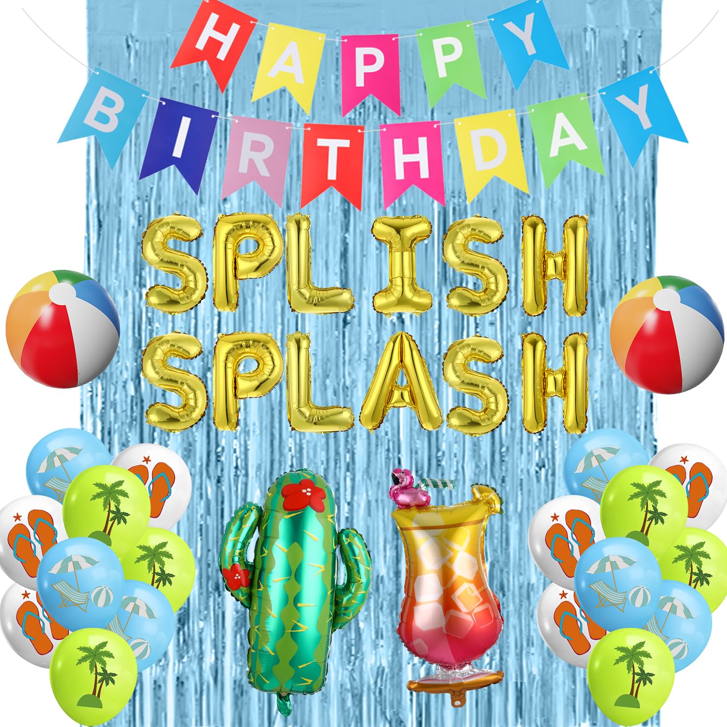 Splish Splash Birthday Bash Party Decorations HAPPY BIRTHDAY Banner Beach Ball Flamingo Cactus Balloons Hawaiian Luau Tropical Summer Pool Beach Birthday Party Decoration for Kids