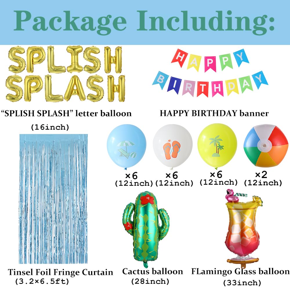 Splish Splash Birthday Bash Party Decorations HAPPY BIRTHDAY Banner Beach Ball Flamingo Cactus Balloons Hawaiian Luau Tropical Summer Pool Beach Birthday Party Decoration for Kids