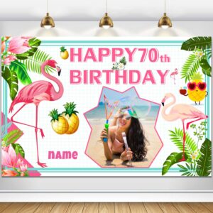 custom happy 70th birthday banner flamingo themed party decoration backdrop flamingo banner party supplies tropical floral photo booth hawaiian themed party decoration for luau beach party