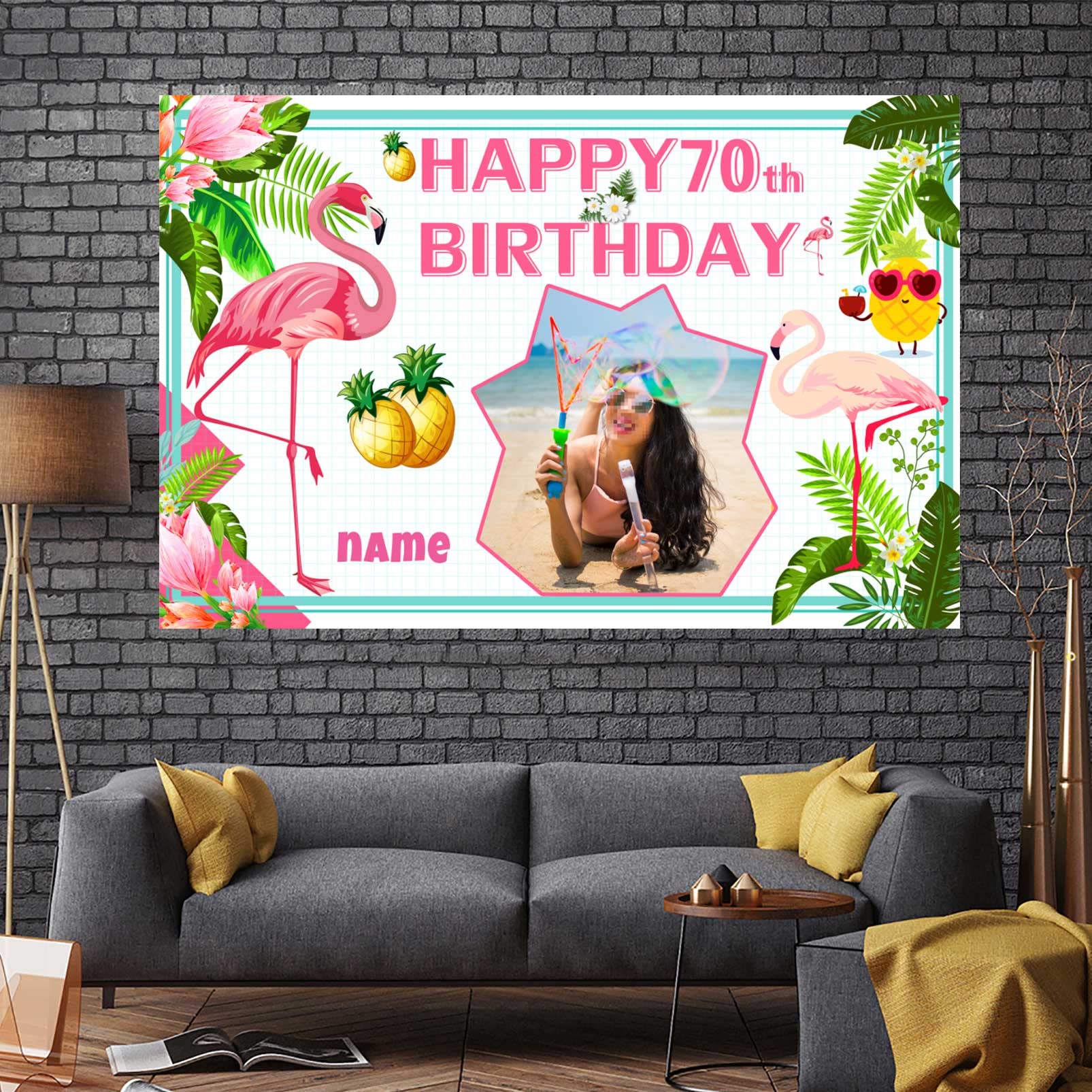 Custom Happy 70th Birthday Banner Flamingo Themed Party Decoration Backdrop Flamingo Banner Party Supplies Tropical Floral Photo Booth Hawaiian Themed Party Decoration for Luau Beach Party