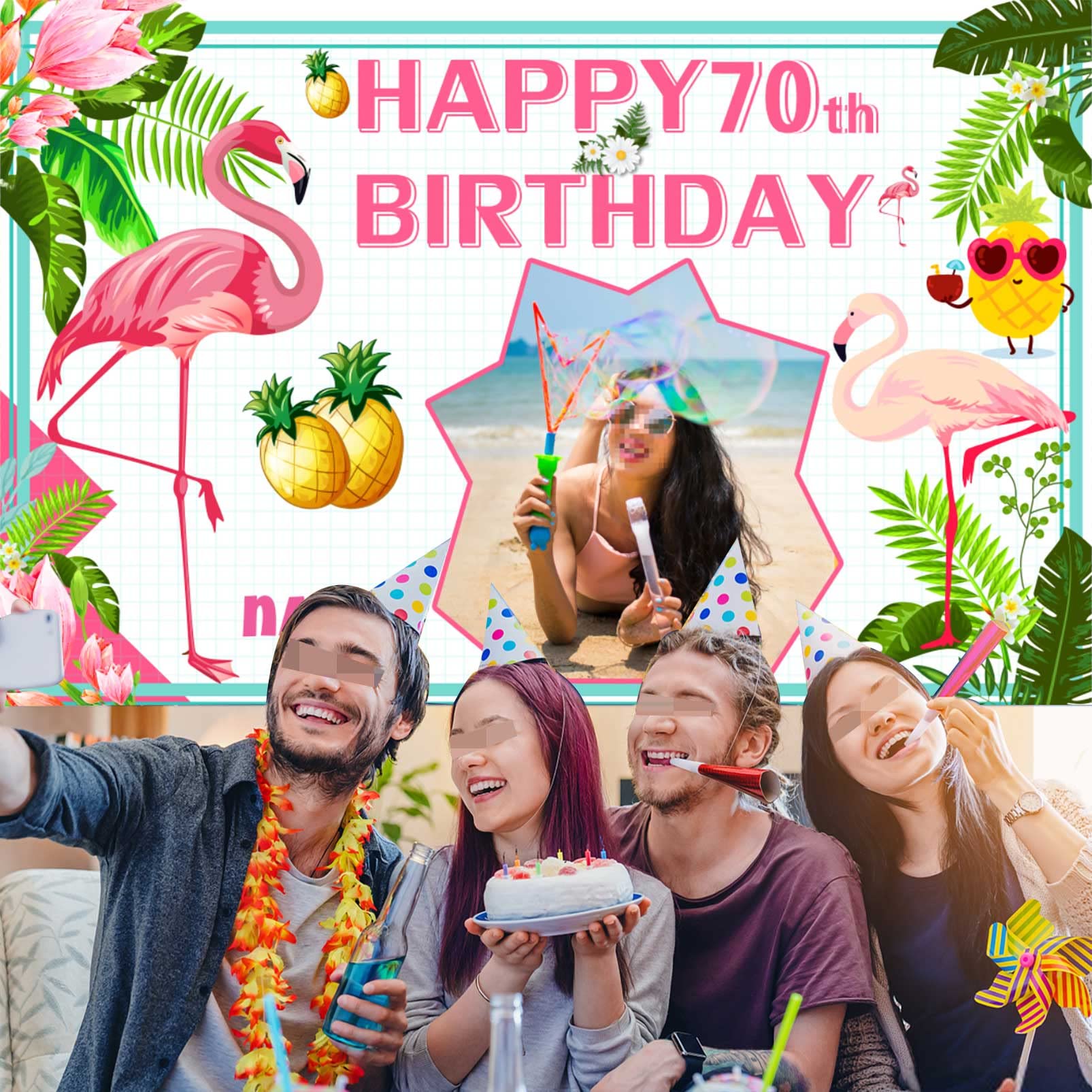 Custom Happy 70th Birthday Banner Flamingo Themed Party Decoration Backdrop Flamingo Banner Party Supplies Tropical Floral Photo Booth Hawaiian Themed Party Decoration for Luau Beach Party