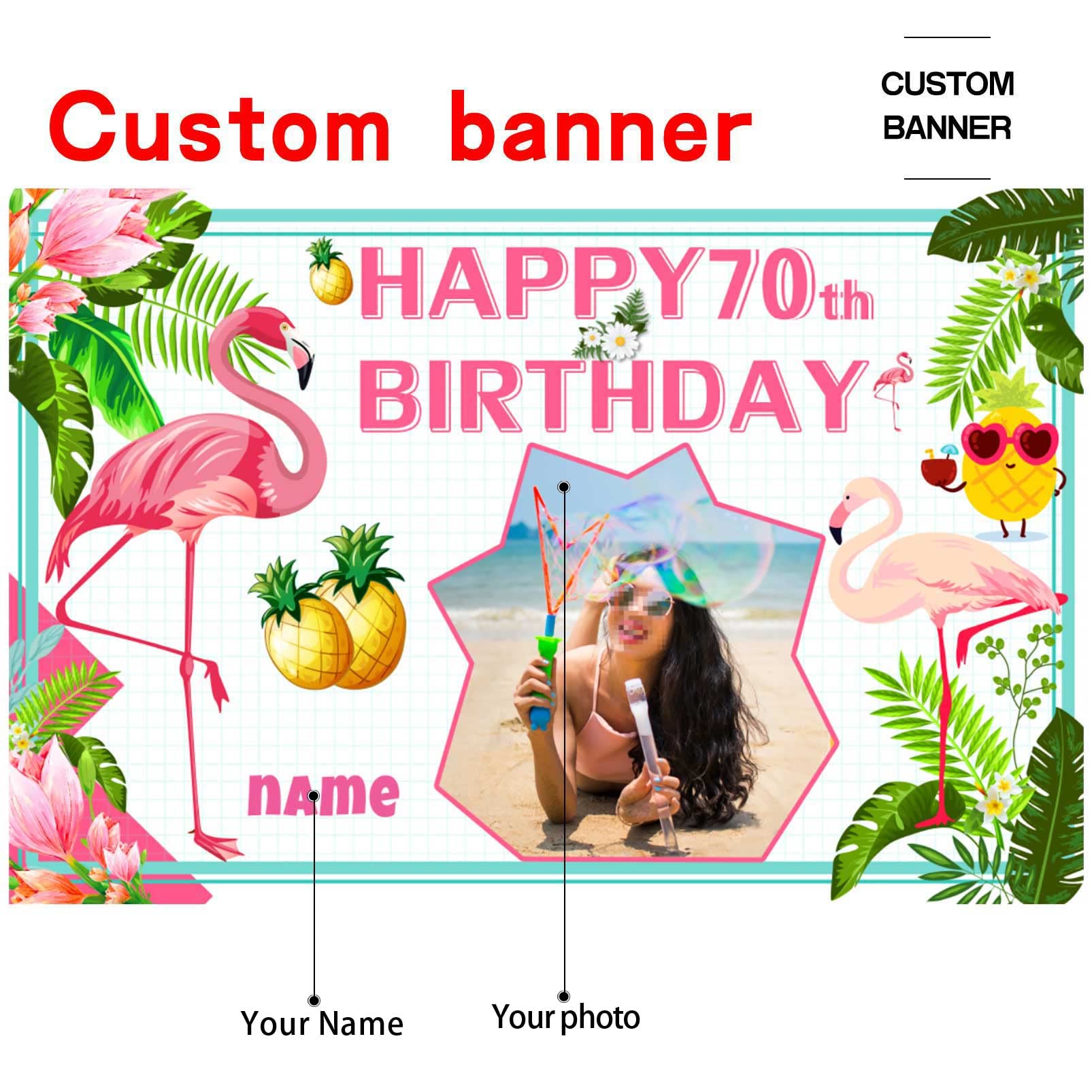 Custom Happy 70th Birthday Banner Flamingo Themed Party Decoration Backdrop Flamingo Banner Party Supplies Tropical Floral Photo Booth Hawaiian Themed Party Decoration for Luau Beach Party