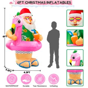 Wabolay Christmas Inflatable Santa Claus Outdoor Decorations 6ft Giant Blow Up Hawaiian Santa Inflatables with Flamingo Swimming Ring for Yard Blowups Decor Led Lights Vacation Outside Lawn Clearance