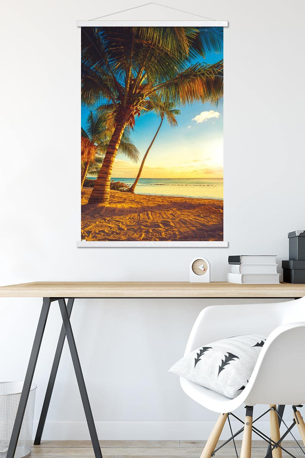 Trends International Scenery-Sunset on The Beach Wall Poster with Magnetic Frame, 22.375" x 34", Premium Print and White Hanger Bundle