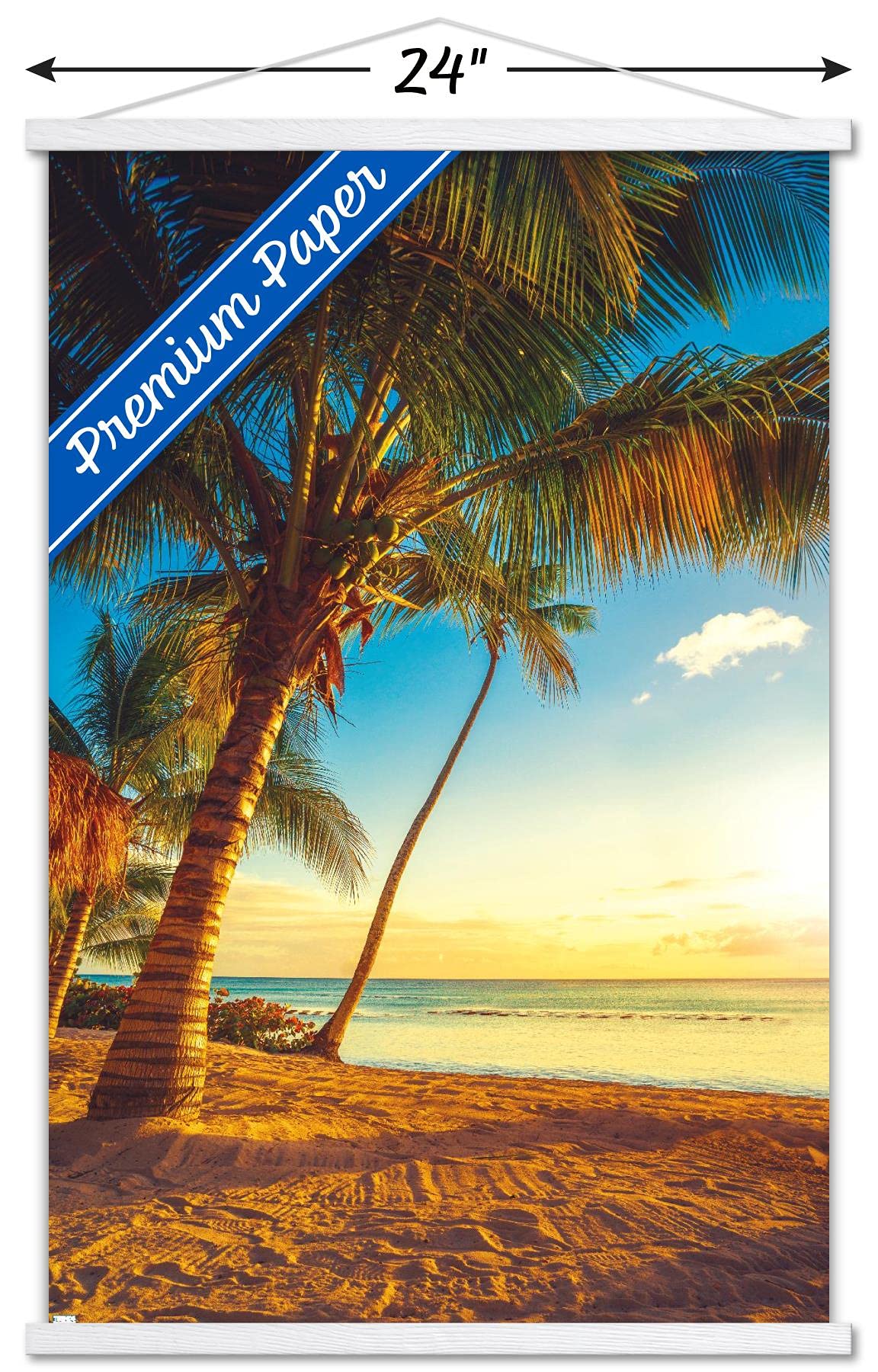 Trends International Scenery-Sunset on The Beach Wall Poster with Magnetic Frame, 22.375" x 34", Premium Print and White Hanger Bundle