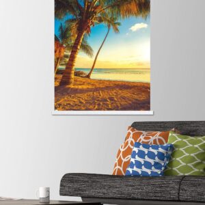 Trends International Scenery-Sunset on The Beach Wall Poster with Magnetic Frame, 22.375" x 34", Premium Print and White Hanger Bundle