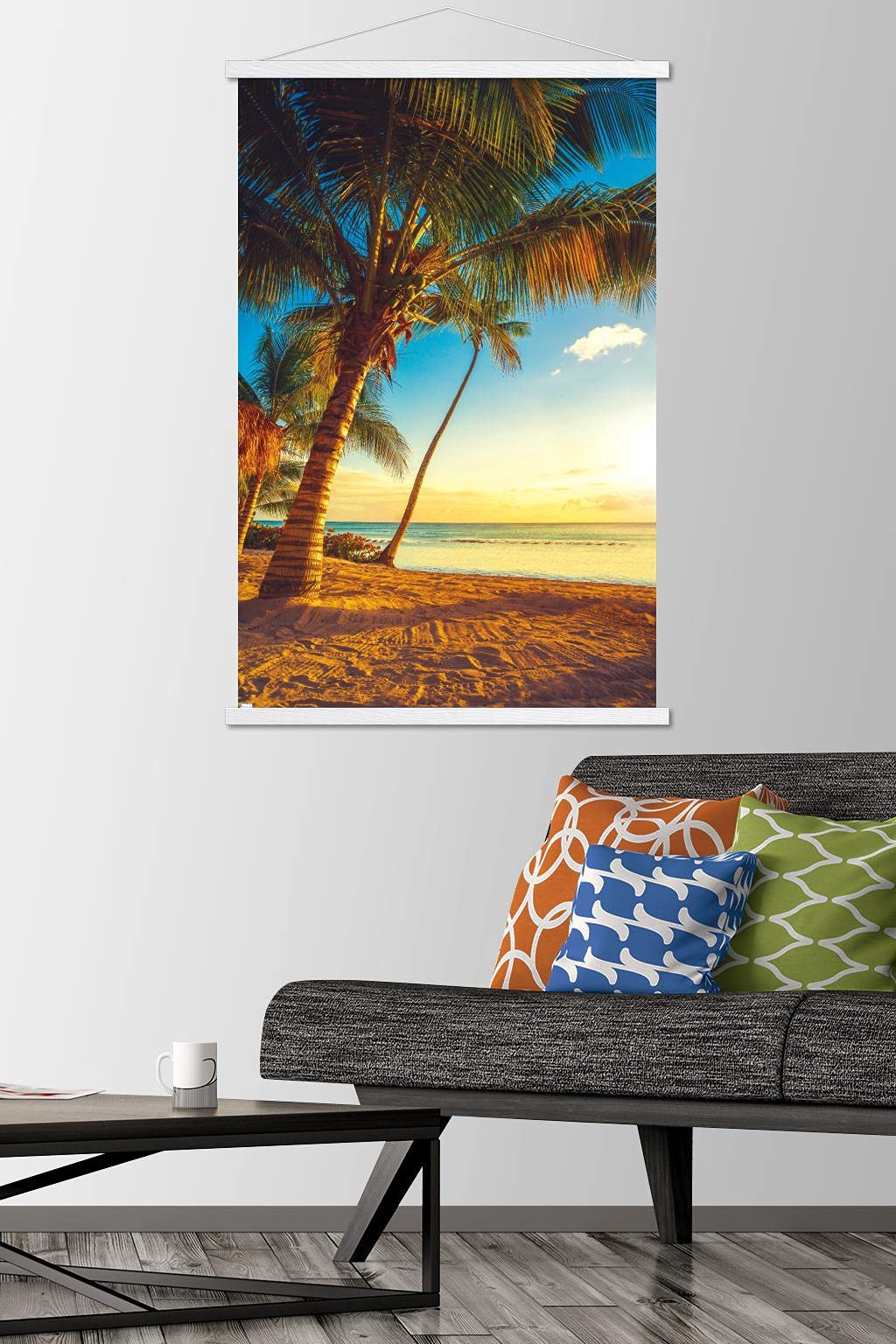 Trends International Scenery-Sunset on The Beach Wall Poster with Magnetic Frame, 22.375" x 34", Premium Print and White Hanger Bundle