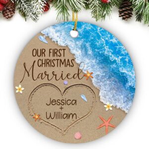 personalized our first christmas married beach ornament sea 2024, custom just married christmas ornament, beach wedding gifts for couples, newlywed christmas decoration for home, bridal shower