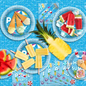 Pool Birthday Party Decorations Tableware Set Beach Table Decorations Supplies Pool Happy Birthday Banner Beach Theme Swirls Plates Napkins Forks Tablecloth for Hawaiian Summer Birthday Party Favors