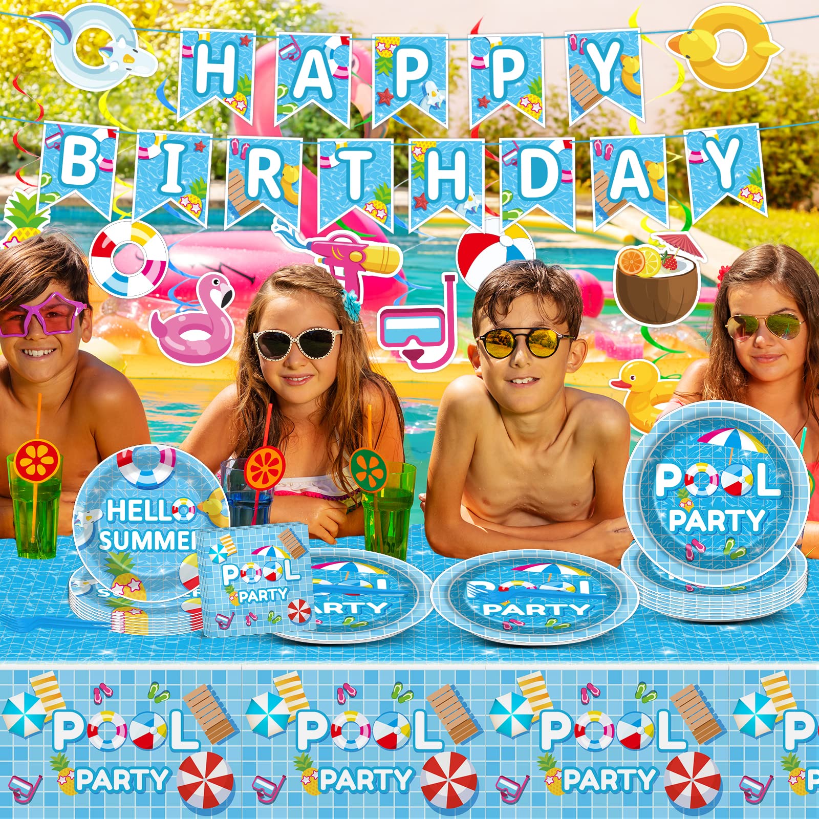 Pool Birthday Party Decorations Tableware Set Beach Table Decorations Supplies Pool Happy Birthday Banner Beach Theme Swirls Plates Napkins Forks Tablecloth for Hawaiian Summer Birthday Party Favors