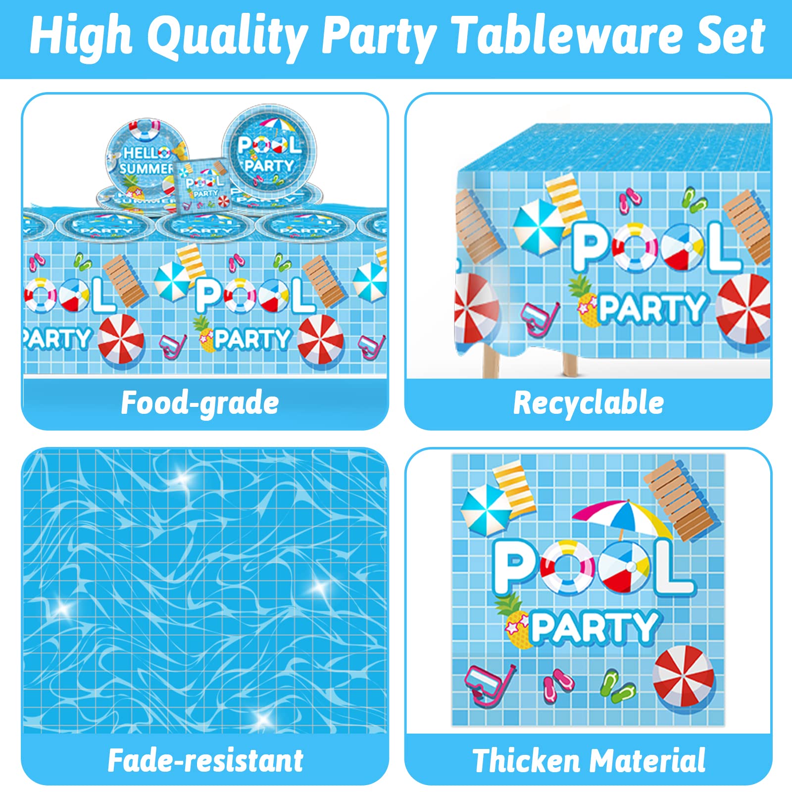 Pool Birthday Party Decorations Tableware Set Beach Table Decorations Supplies Pool Happy Birthday Banner Beach Theme Swirls Plates Napkins Forks Tablecloth for Hawaiian Summer Birthday Party Favors