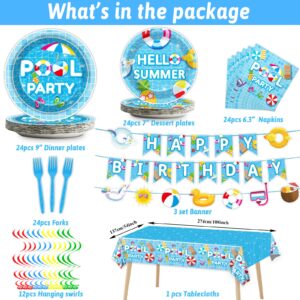 Pool Birthday Party Decorations Tableware Set Beach Table Decorations Supplies Pool Happy Birthday Banner Beach Theme Swirls Plates Napkins Forks Tablecloth for Hawaiian Summer Birthday Party Favors