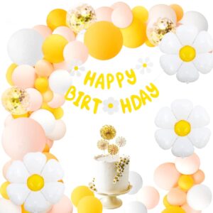 daisy party decorations, luau party supplies with happy birthday flower banner white and yellow daisy balloons garland arch kit for girls birthday beach theme baby shower bridal shower (daisy)