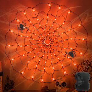 96 led halloween spider web lights with timer, 8 modes waterproof light up cobweb with black spider & diy cotton net battery operated halloween decorations for indoor ourdoor garden yard patio-orange