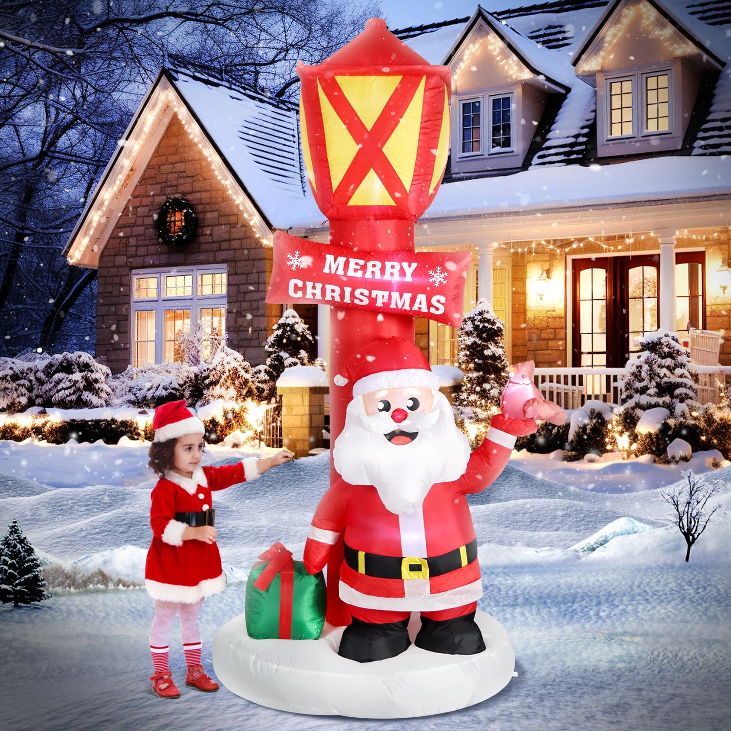 DomKom 8 FT Christmas Inflatable Outdoor Decorations Santa Claus with lighthouse, LED Lights Holiday Blow Up Yard Decoration for Holiday Party Outdoor Garden Yard Lawn Winter Decor