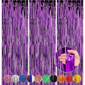 mtkocpk purple party decorations - 3-pack of 8x3.2 feet purple foil fringe streamers curtains perfect for gender reveals, bachelor parties, mermaid, and butterfly themed birthday party decor