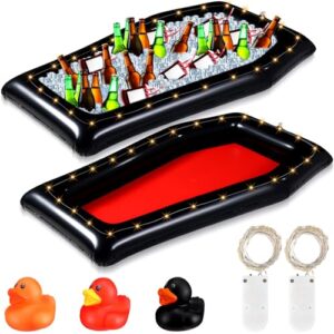 leyndo 28 pcs halloween inflatable cooler set, 52 inch coffin buffet coolers, ice serving bar halloween rubber ducks with led light strings for beach pool party barbecue picnic halloween decor favors