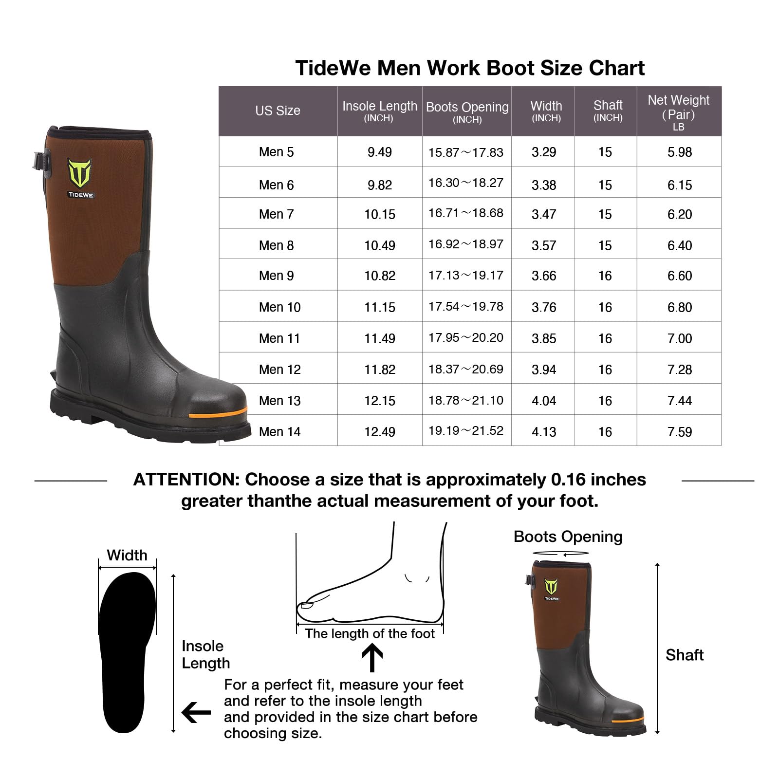 TIDEWE Rubber Work Boot for Men with Steel Toe & Shank, Waterproof Anti Slip Hunting Boot, 6mm Neoprene Hunting Boot, Sturdy Brown Rubber Boot for Manufacturing, Construction, Farming, Size 12