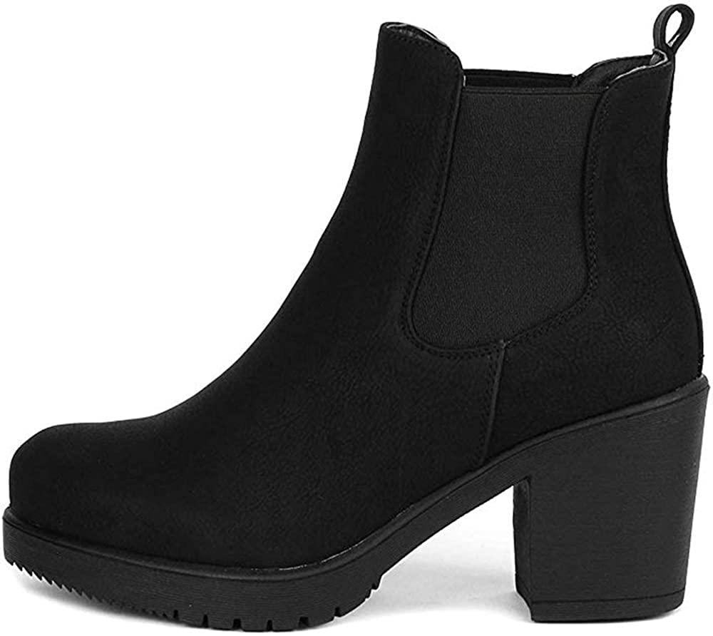 DREAM PAIRS Women's High Chunky Heel Chelsea Ankle Boots Slip On Elastic Fall Heeld Booties Shoes, Size 8.5, BLACK PU, FRE