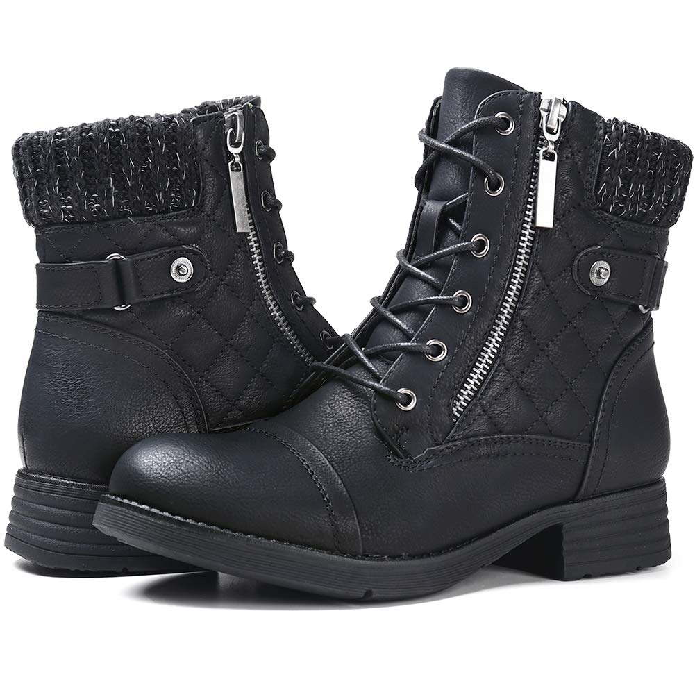 STQ Womens Military Zip Winter Fashion Combat Ankle Boot Black 7.5