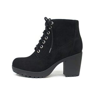 Soda Second Lug Sole Chunky Heel Combat Ankle Boot Lace up w/Side Zipper (7.5, Black Imitation Suede)