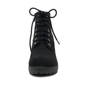 Soda Second Lug Sole Chunky Heel Combat Ankle Boot Lace up w/Side Zipper (7.5, Black Imitation Suede)