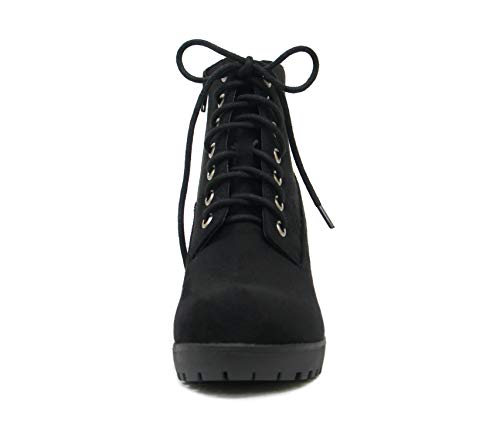 Soda Second Lug Sole Chunky Heel Combat Ankle Boot Lace up w/Side Zipper (7.5, Black Imitation Suede)