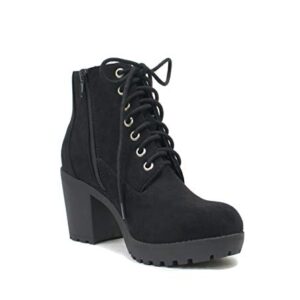 Soda Second Lug Sole Chunky Heel Combat Ankle Boot Lace up w/Side Zipper (7.5, Black Imitation Suede)