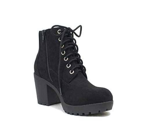 Soda Second Lug Sole Chunky Heel Combat Ankle Boot Lace up w/Side Zipper (7.5, Black Imitation Suede)