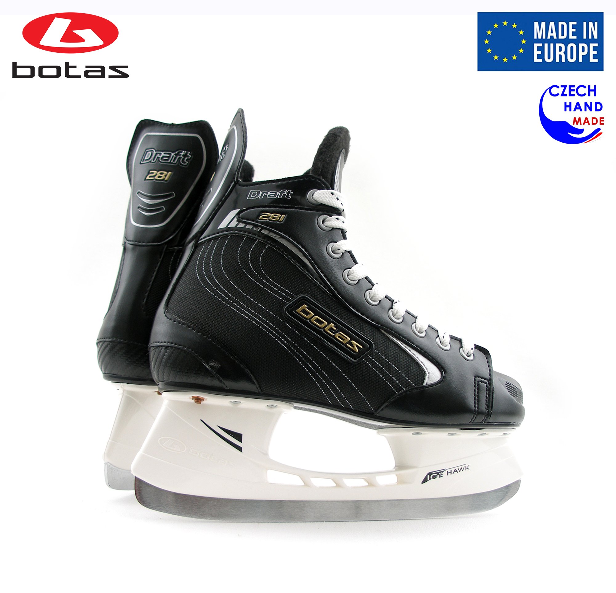 Botas - DRAFT 281 - Men's Ice Hockey Skates | Made in Europe (Czech Republic) UPGRADED Blades: GRAF COBRA 2000 | Color: Black, Size Adult 16